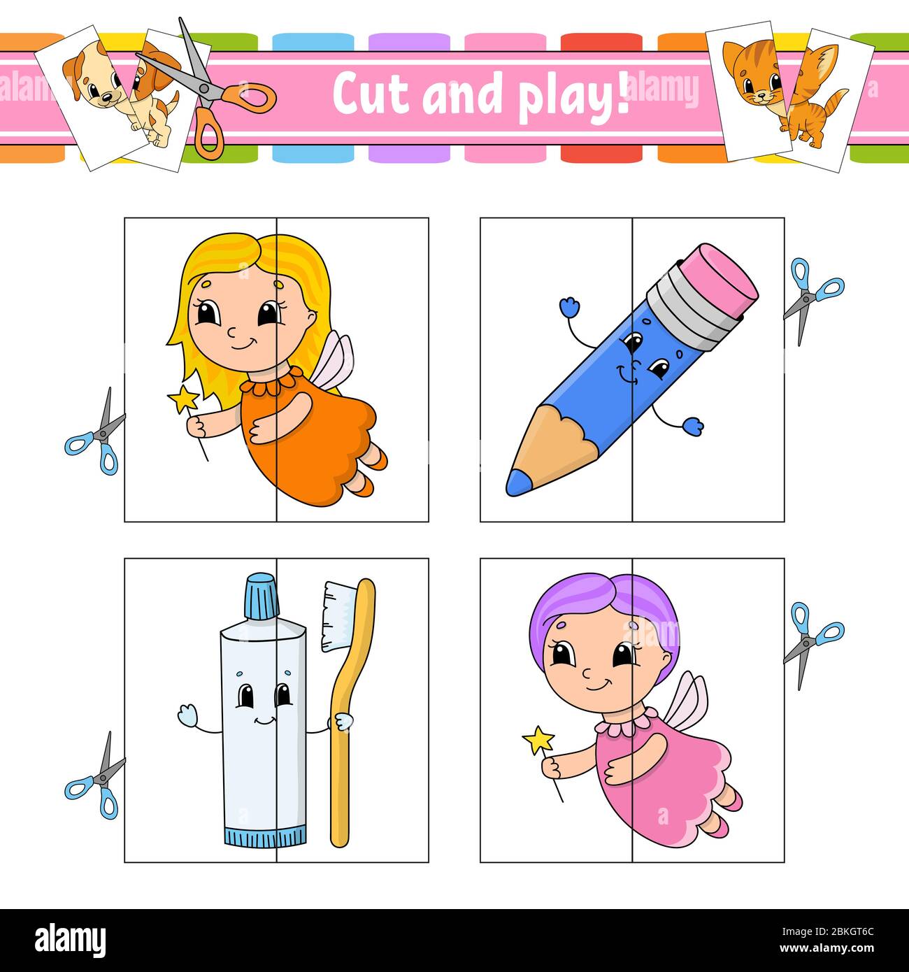 Cut and play. Flash cards. Color puzzle. toothpaste, fairy, pencil ...