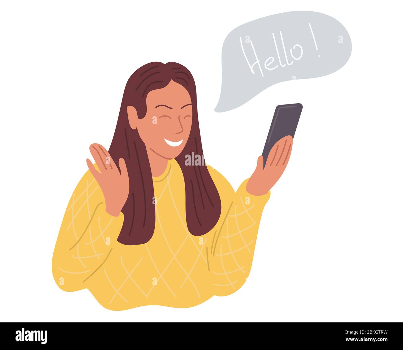 A happy girl makes a video call on the phone and greets her ...