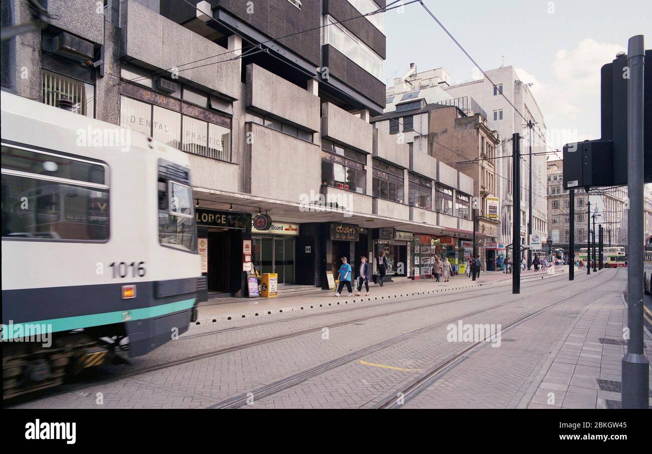 1992, Street scene Manchester city centre, with the then new super ...
