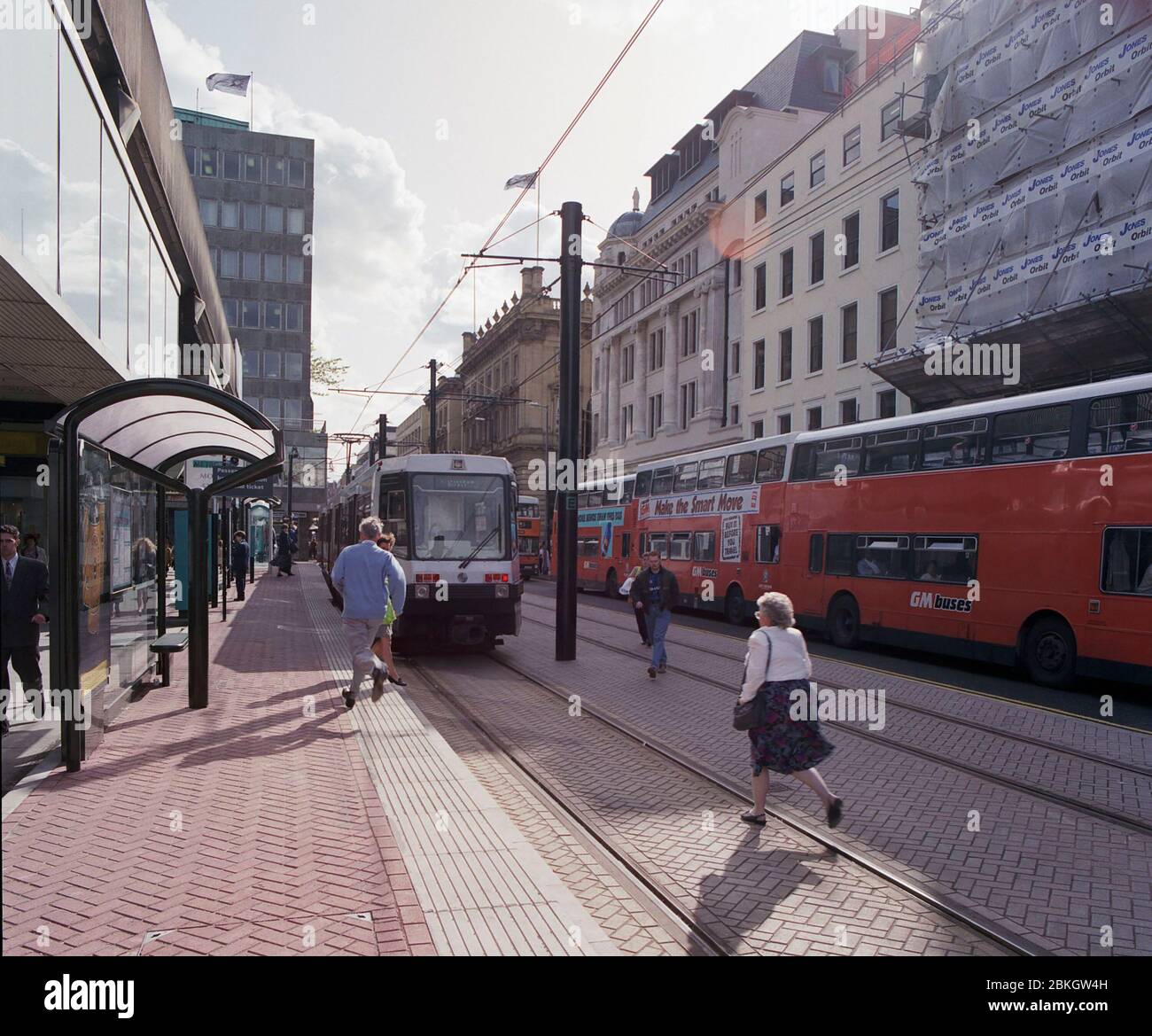 1992, Street scene Manchester city centre, with the then new super ...