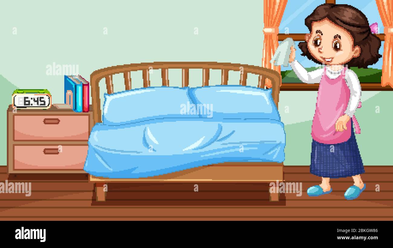 Happy girl cleaning bedroom illustration Stock Vector Image & Art - Alamy