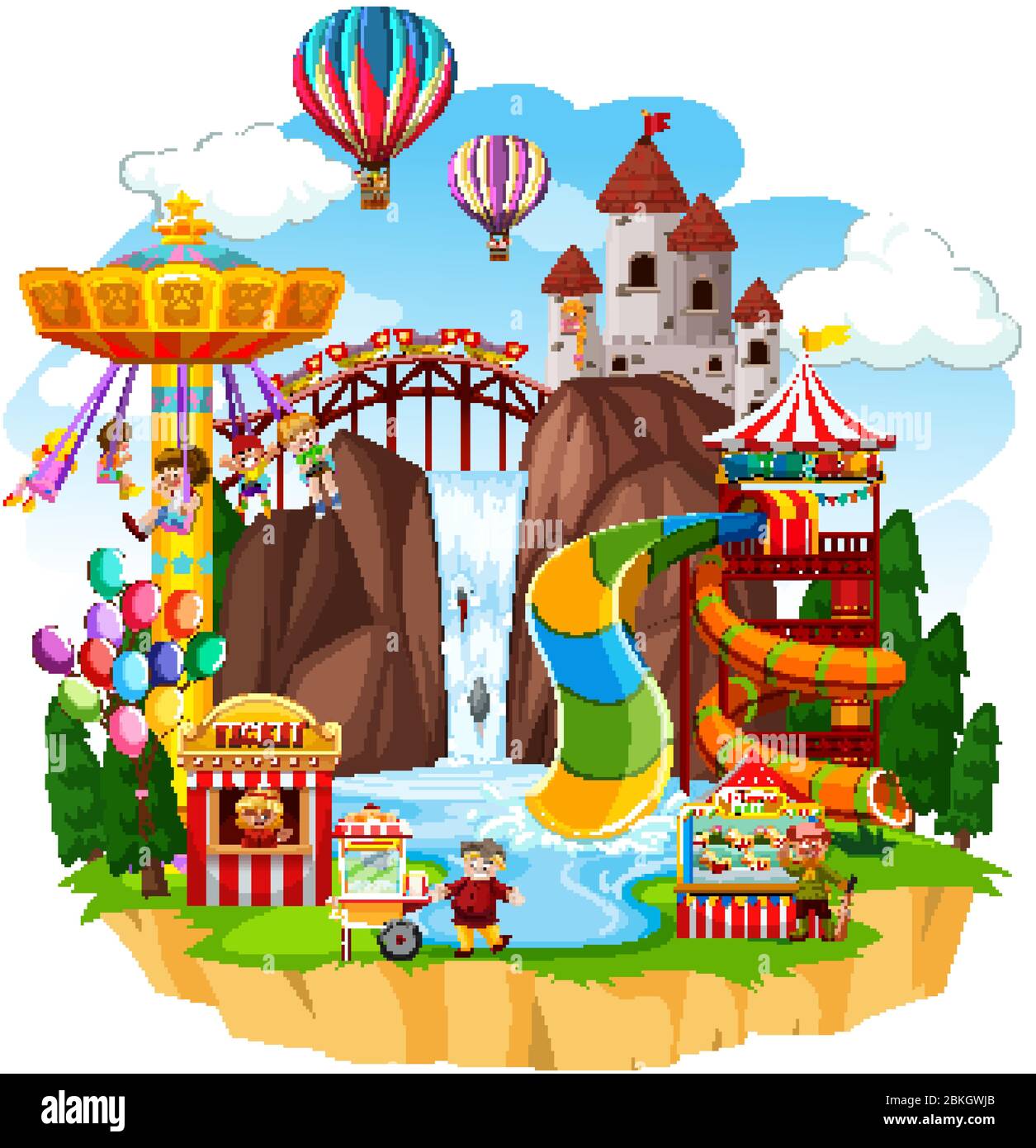 Themepark scene with many rides at day time illustration Stock Vector ...