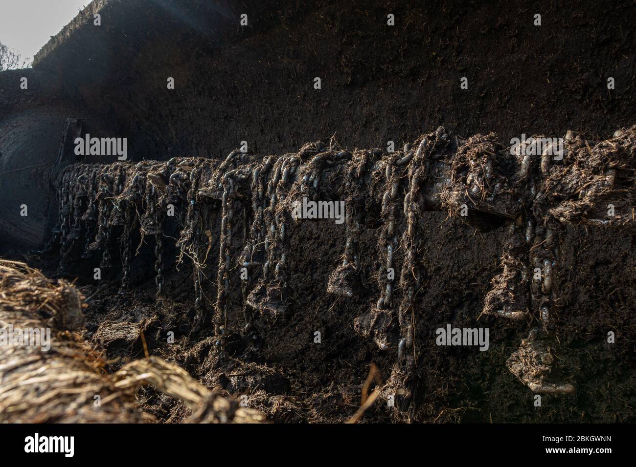 The inside workings of a farm machinery muck spreader, complete with ...