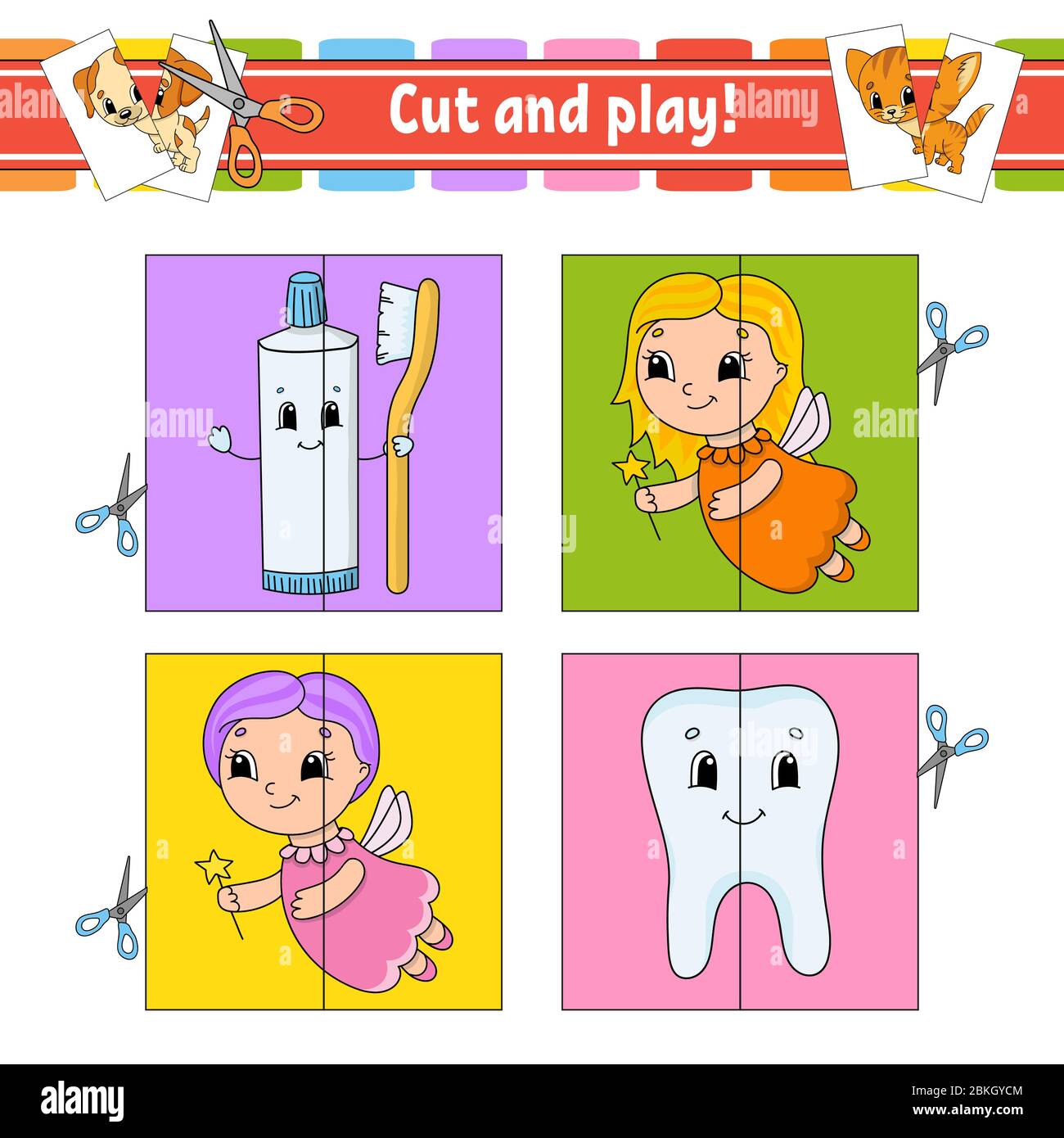 Cut and play. Flash cards. Color puzzle. Tooth, toothpaste, fairy ...