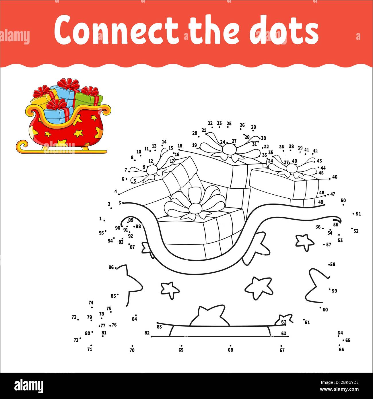 Dot to dot game. Draw a line. Christmas sleigh santa claus with gifts ...