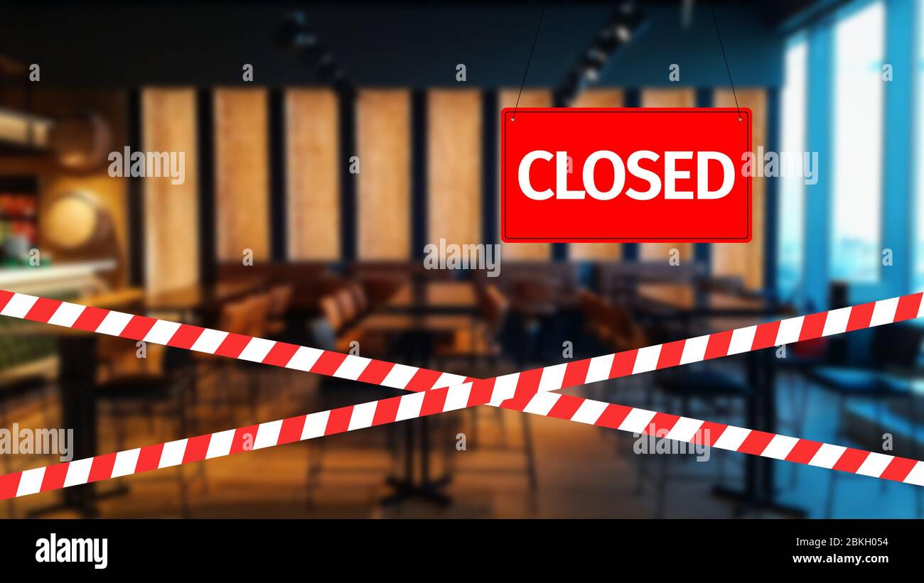 Closed due to pandemic. Premises of cafe are covered with red and white ...