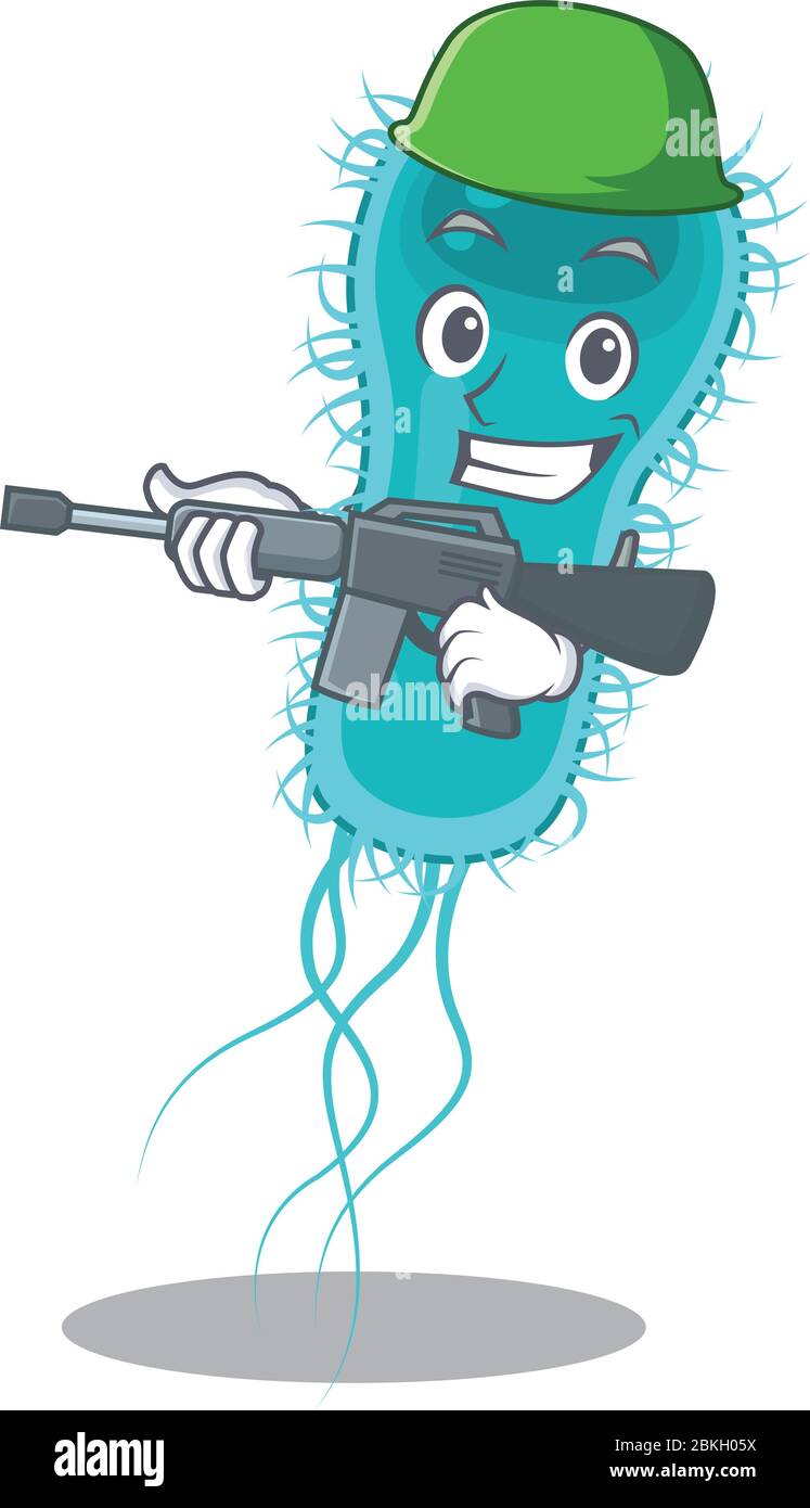 A cartoon picture of escherichia coli bacteria in Army style with ...