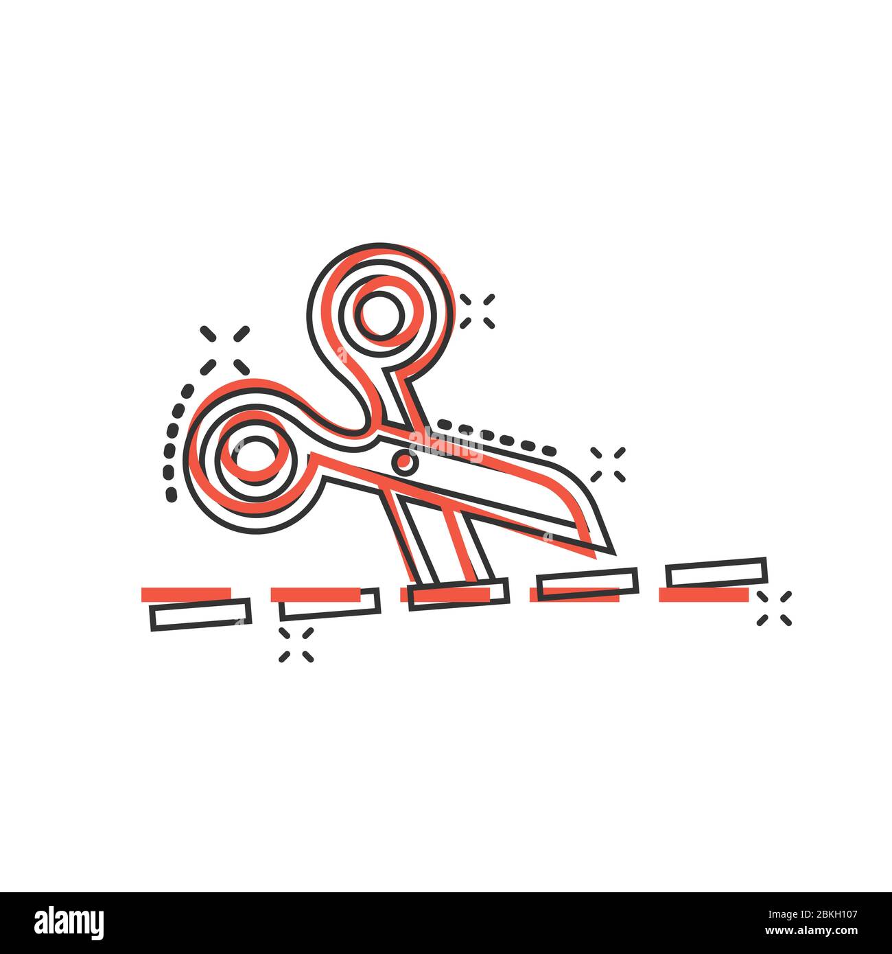 Scissor with cutting line icon in comic style. Cut equipment cartoon ...