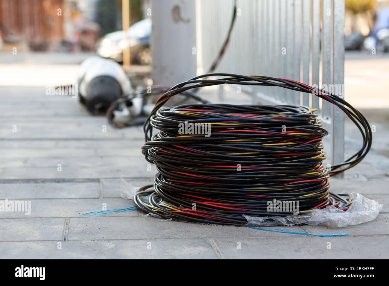 Power bay electric wire for street lighting. Street reconstruction ...