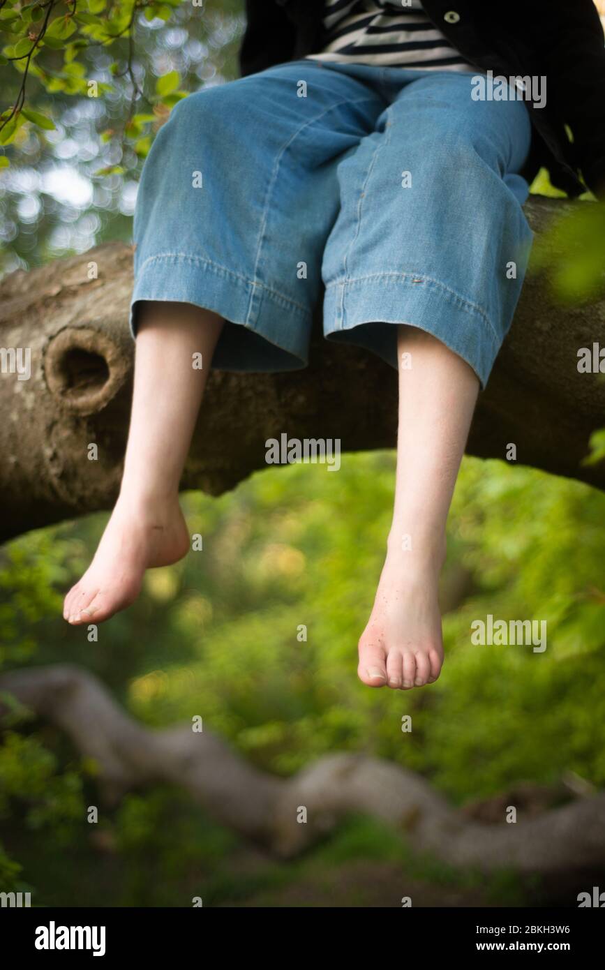 A Girl Climbing a Tree in a Forest Swings Her Bare Feet From a Branch ...