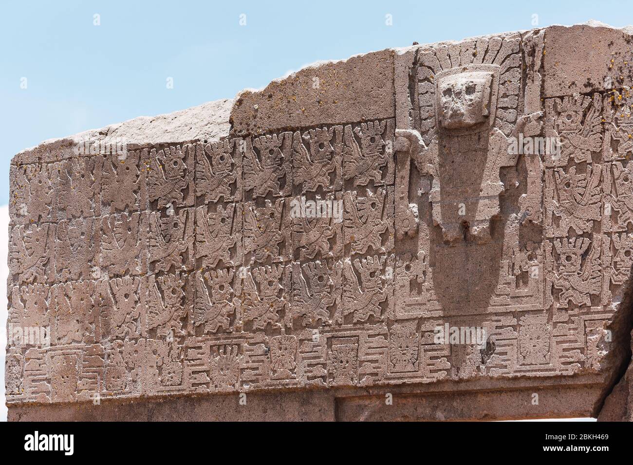 detail of the decorative reliefs of the Puerta del Sol in Tiwanaku ...