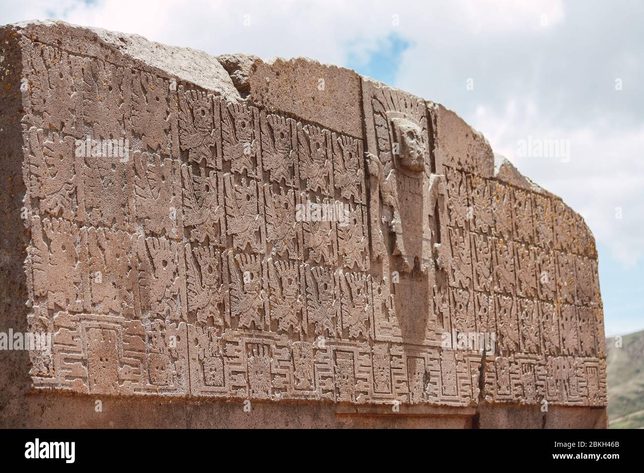 detail of the decorative reliefs of the Puerta del Sol in Tiwanaku ...