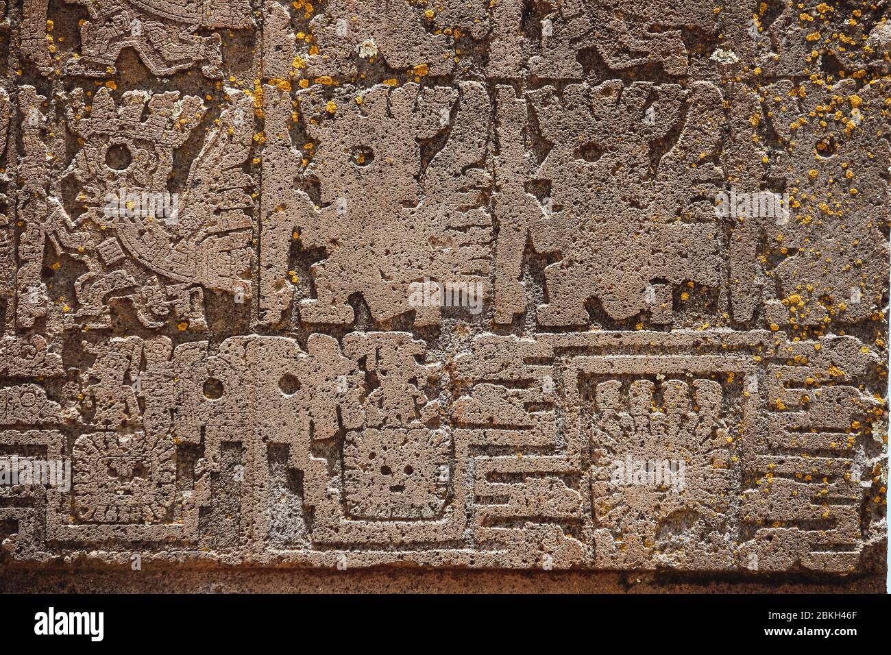 detail of the decorative reliefs of the Puerta del Sol in Tiwanaku ...