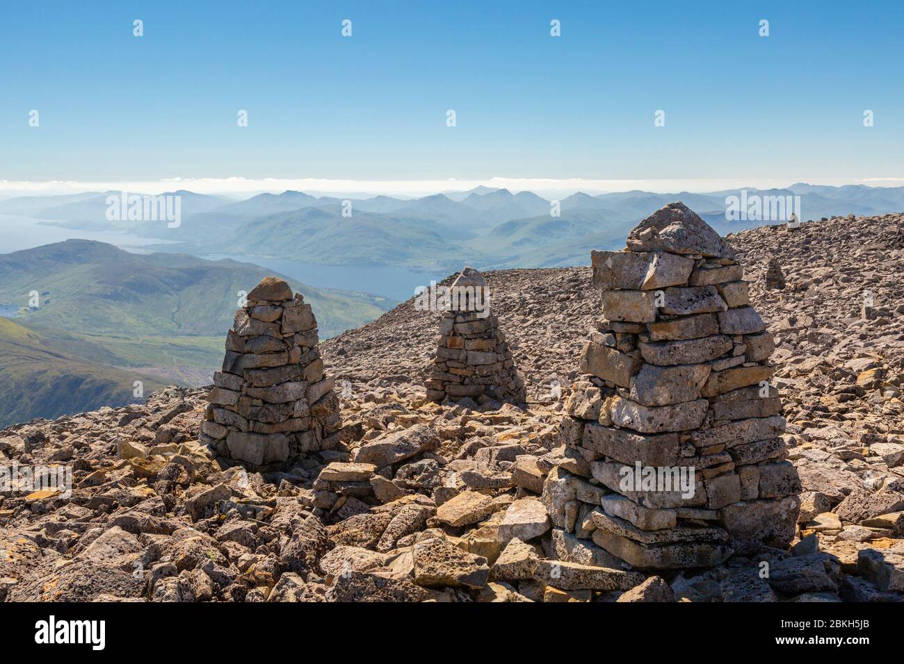 Stone cairns on the summit of Ben Nevis, Scottish Highlands, Scotland ...