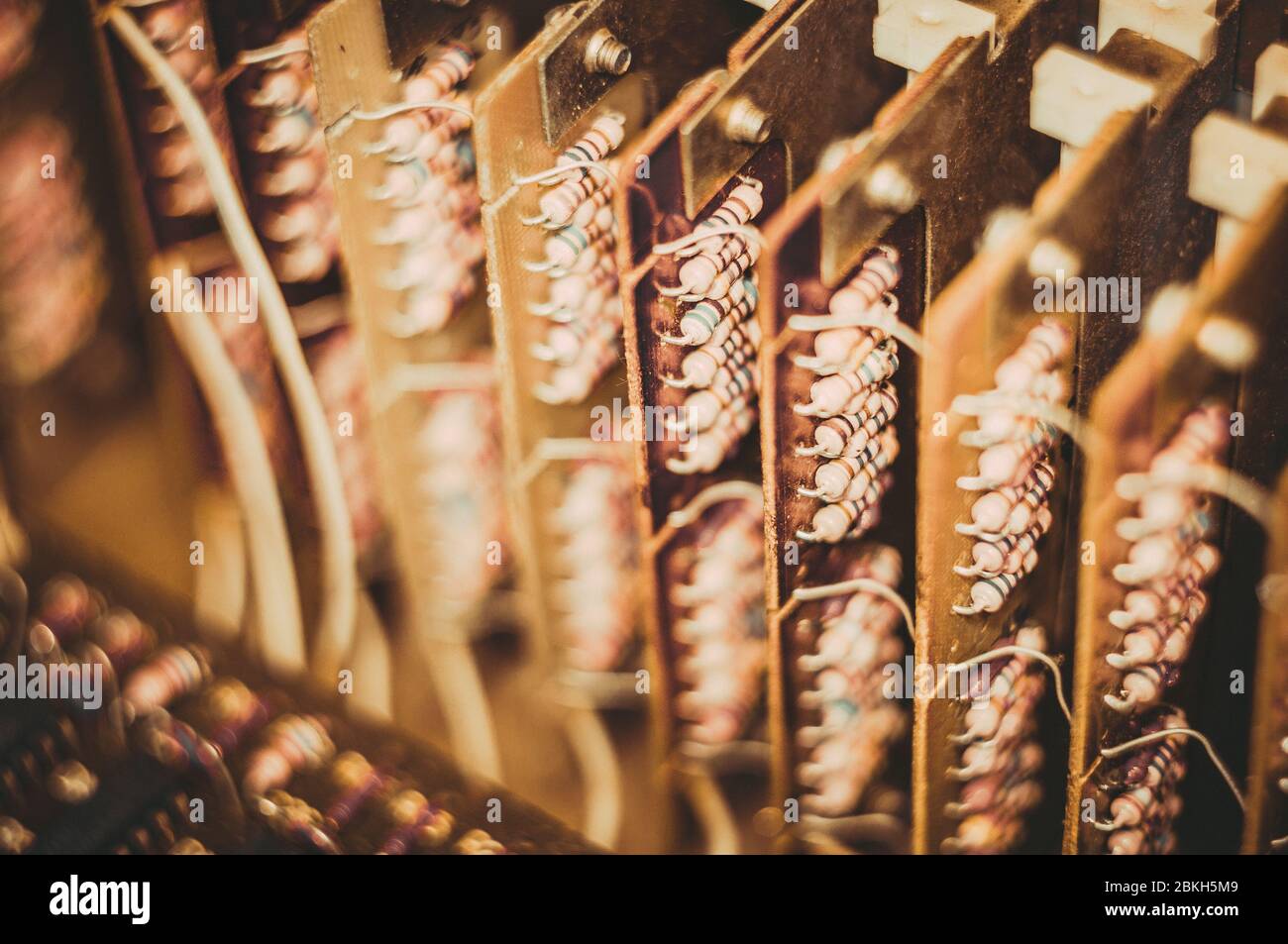 Vintage electronic circuit boards with radio parts and chips, close-up ...