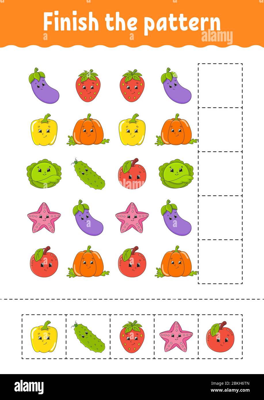 Finish the pattern. Cut and play. Fruits and vegetables. Education ...