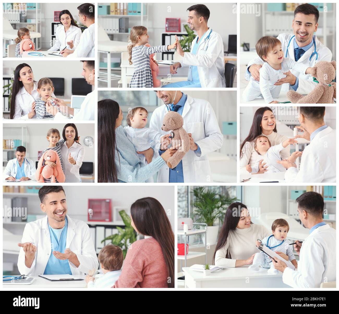 Collage of photos with pediatrician examining little children in clinic ...