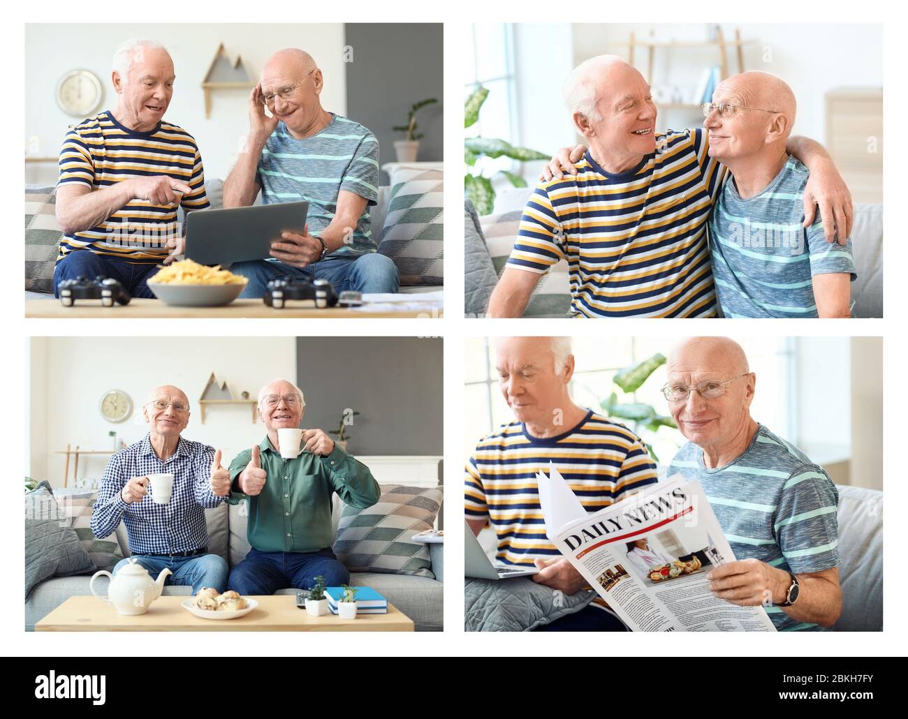 Collage of photos with elderly men resting together at home Stock Photo ...