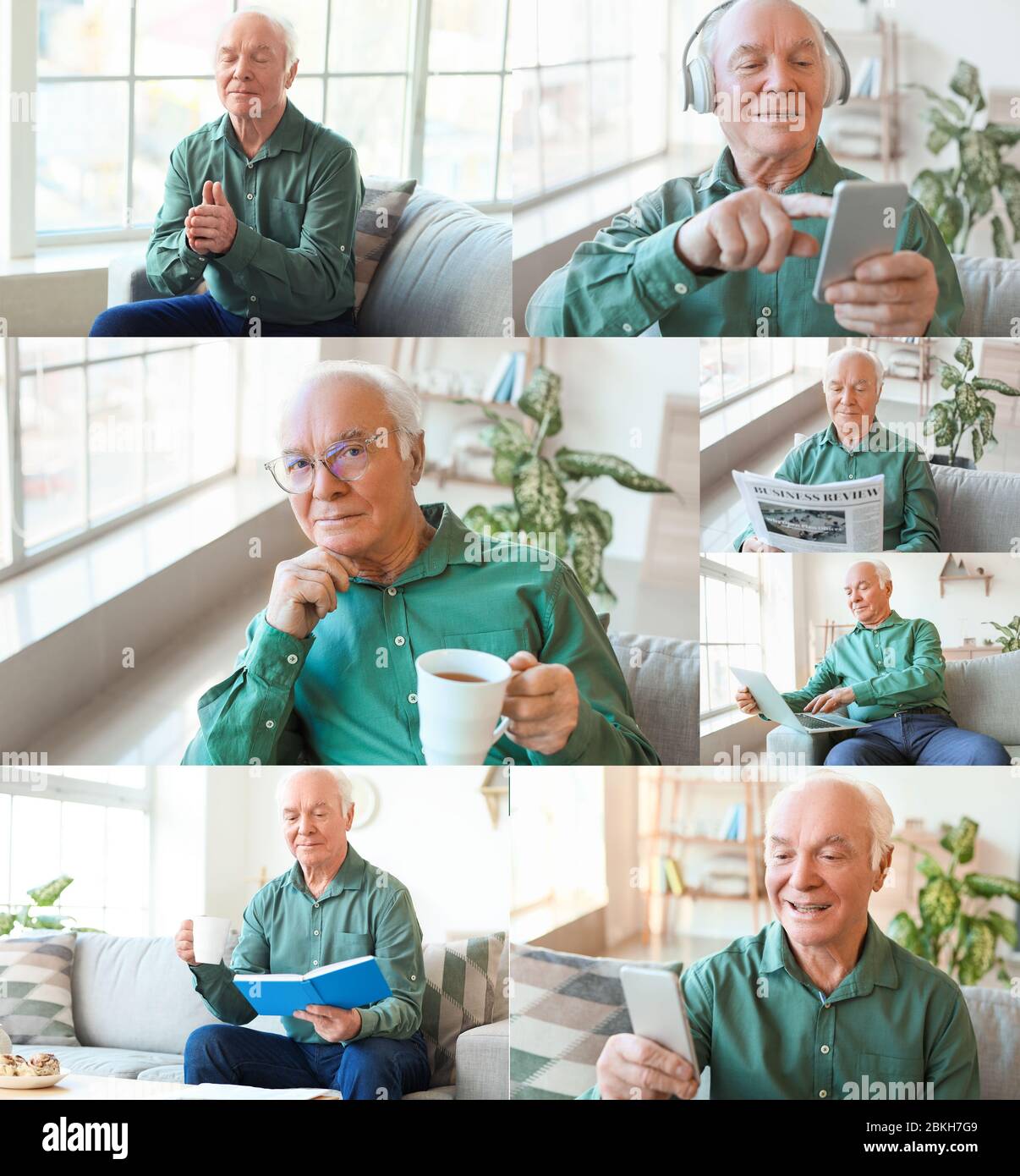 Collage of photos with elderly man resting at home Stock Photo - Alamy