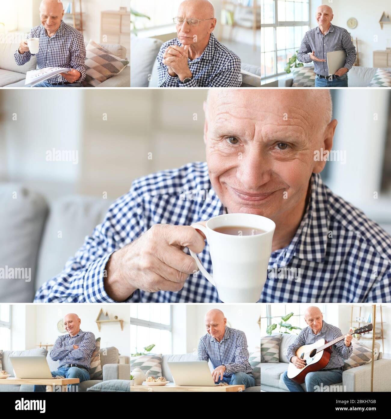 Collage of photos with elderly man resting at home Stock Photo - Alamy