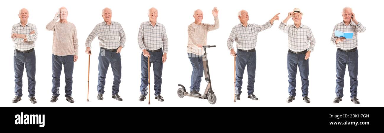 Collage with elderly man on white background Stock Photo - Alamy