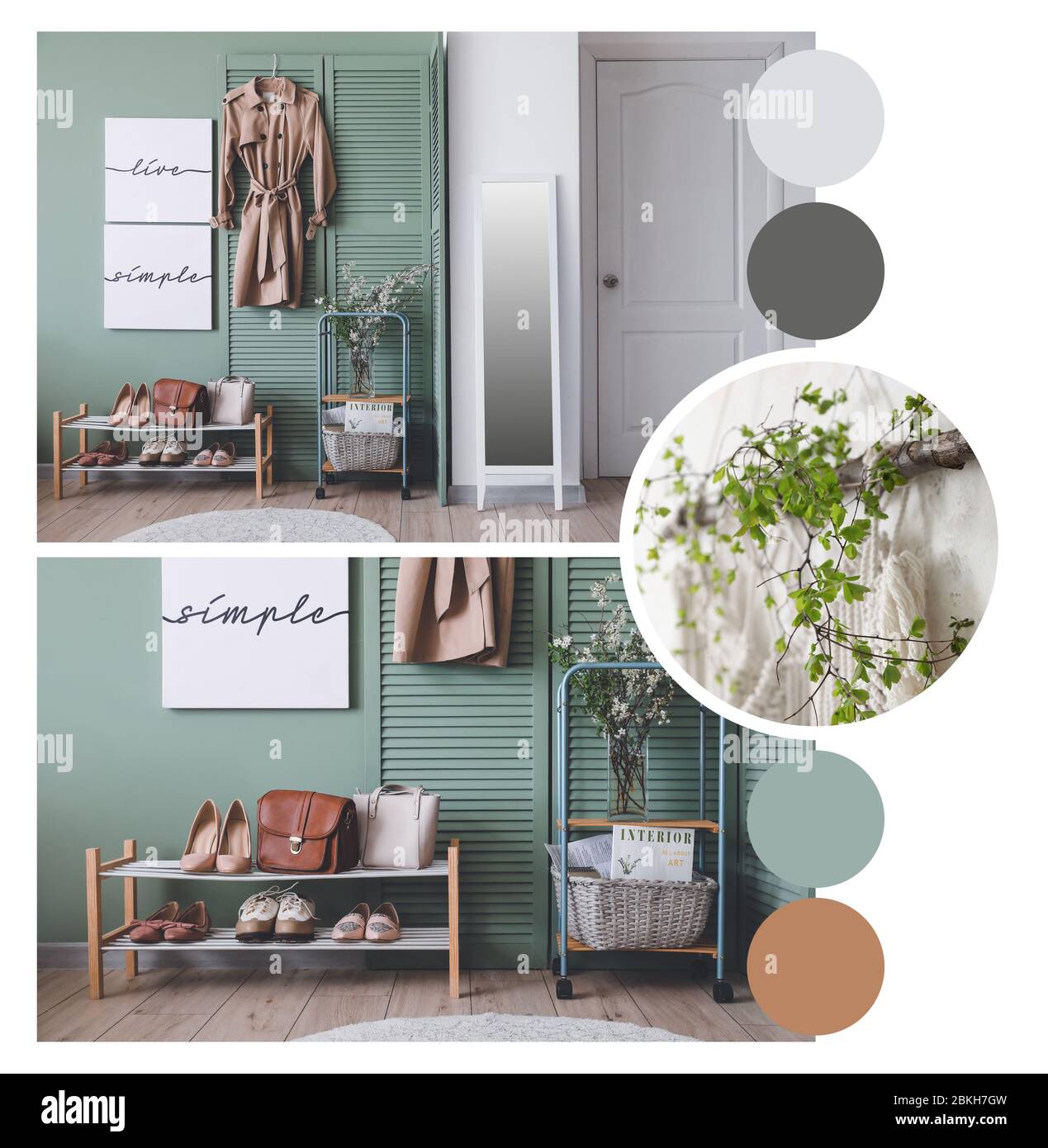 Collage of photos with modern interior of hall. Different color ...