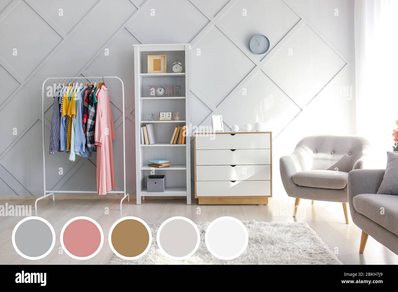 Stylish interior of modern dressing room. Different color patterns ...