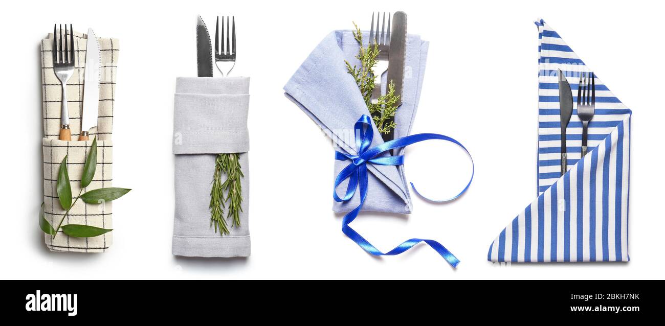Set of different table settings on white background Stock Photo - Alamy