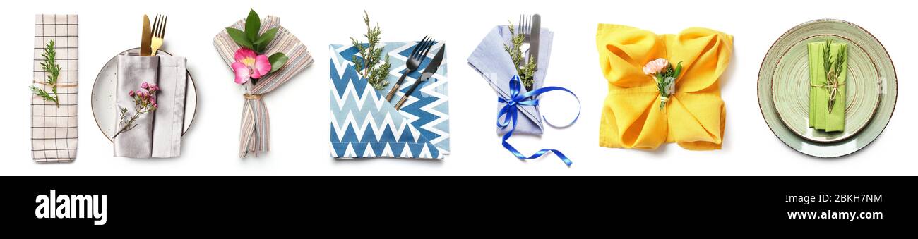 Set of different table settings on white background Stock Photo - Alamy