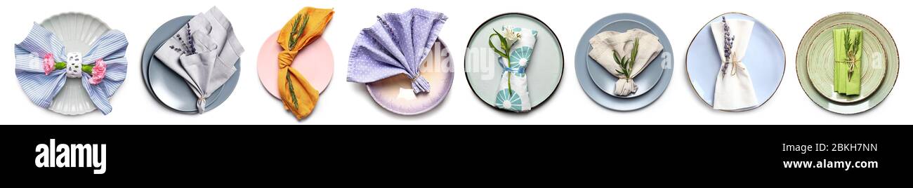 Set of different table settings on white background Stock Photo - Alamy