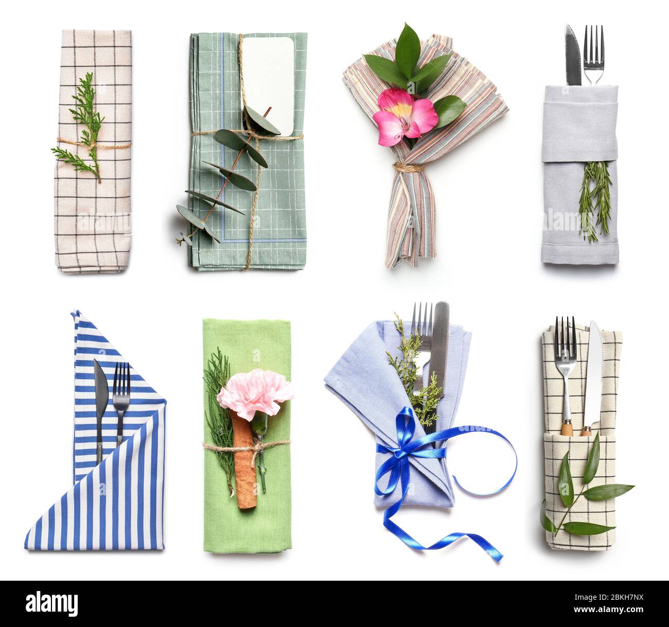 Set of different table settings on white background Stock Photo - Alamy
