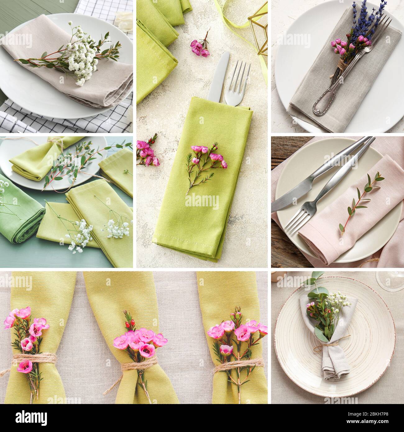 Set of different table settings with floral decor Stock Photo - Alamy