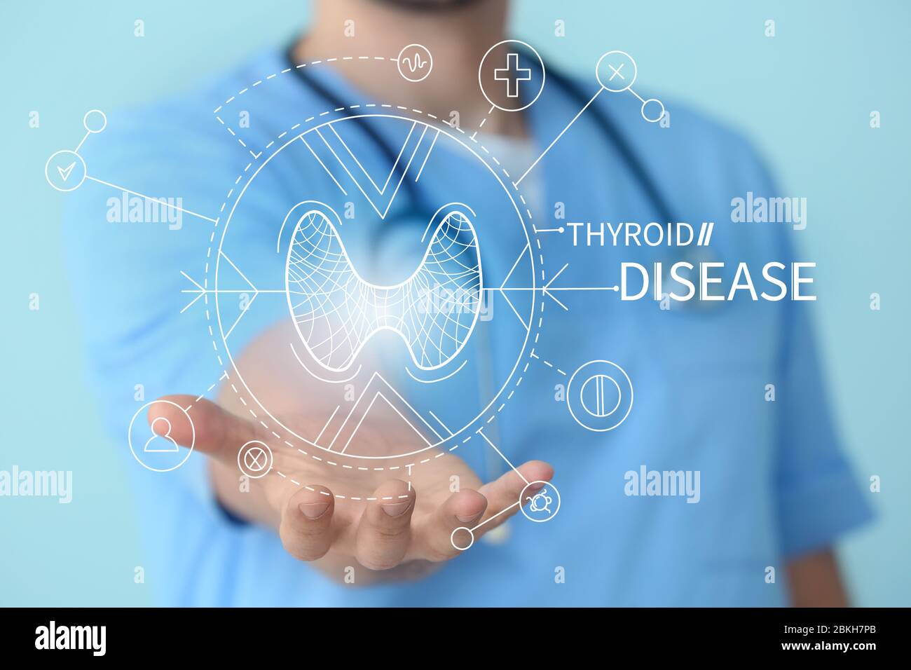 Endocrinologist using virtual screen on color background. Thyroid ...