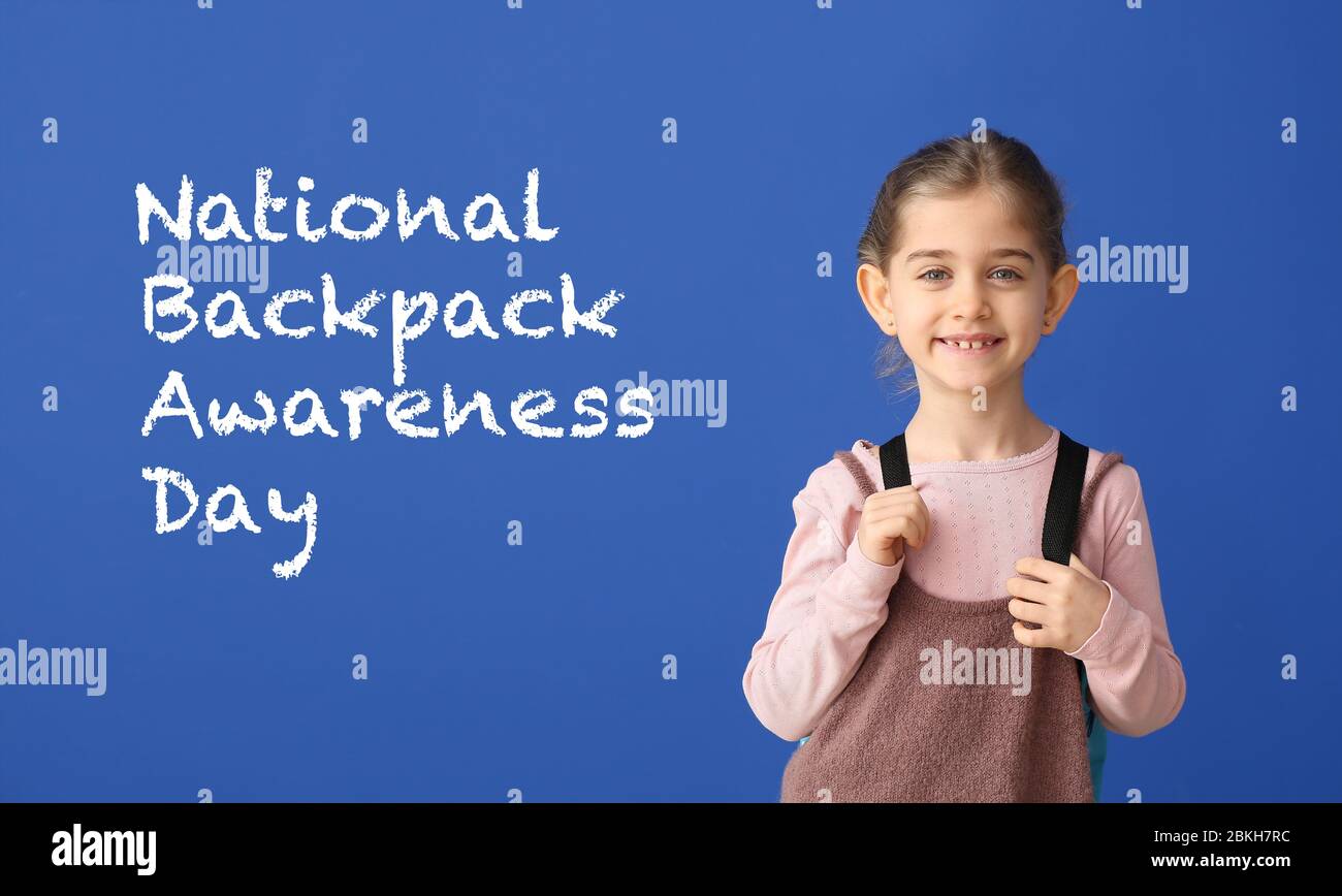 Cute little schoolgirl on color background. National Backpack Awareness ...