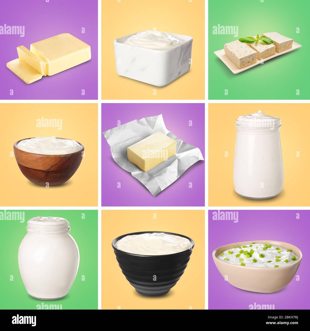 Set of different dairy products on colorful background Stock Photo - Alamy