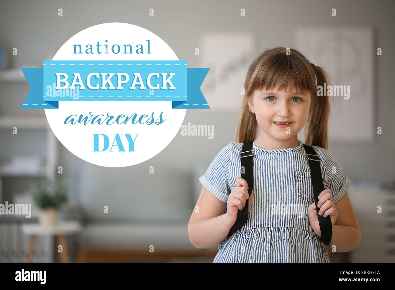 Cute little schoolgirl at home. National Backpack Awareness Day Stock ...