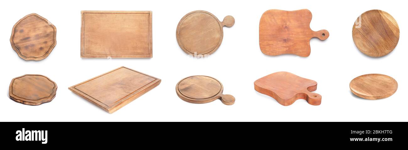 Many wooden boards on white background Stock Photo - Alamy