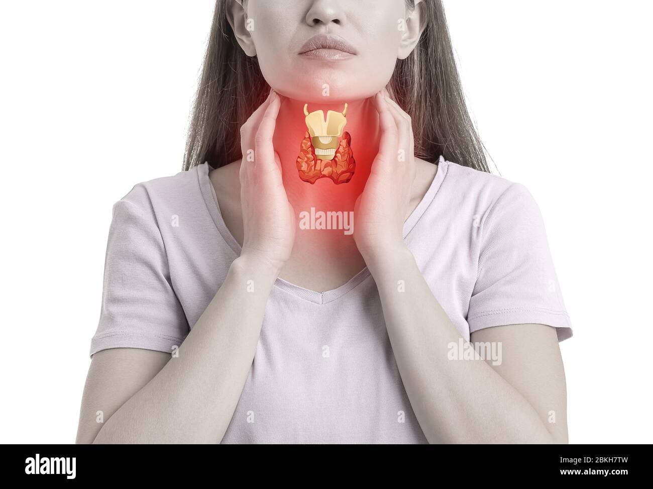 Woman with thyroid gland problem on white background Stock Photo - Alamy
