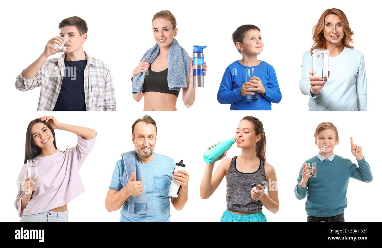 Different people with water on white background Stock Photo - Alamy