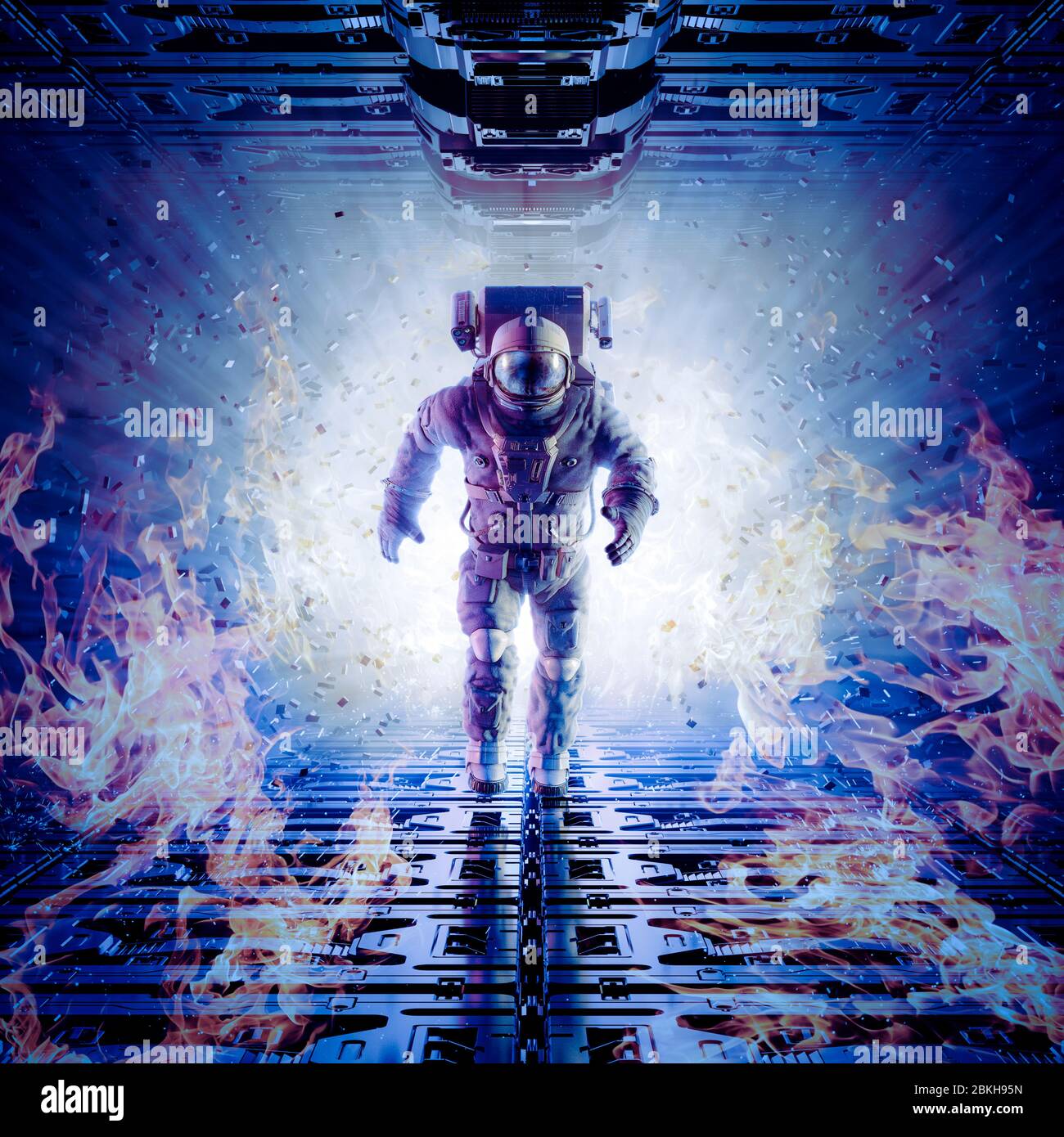 Self destruction initiated / 3D illustration of astronaut running to ...