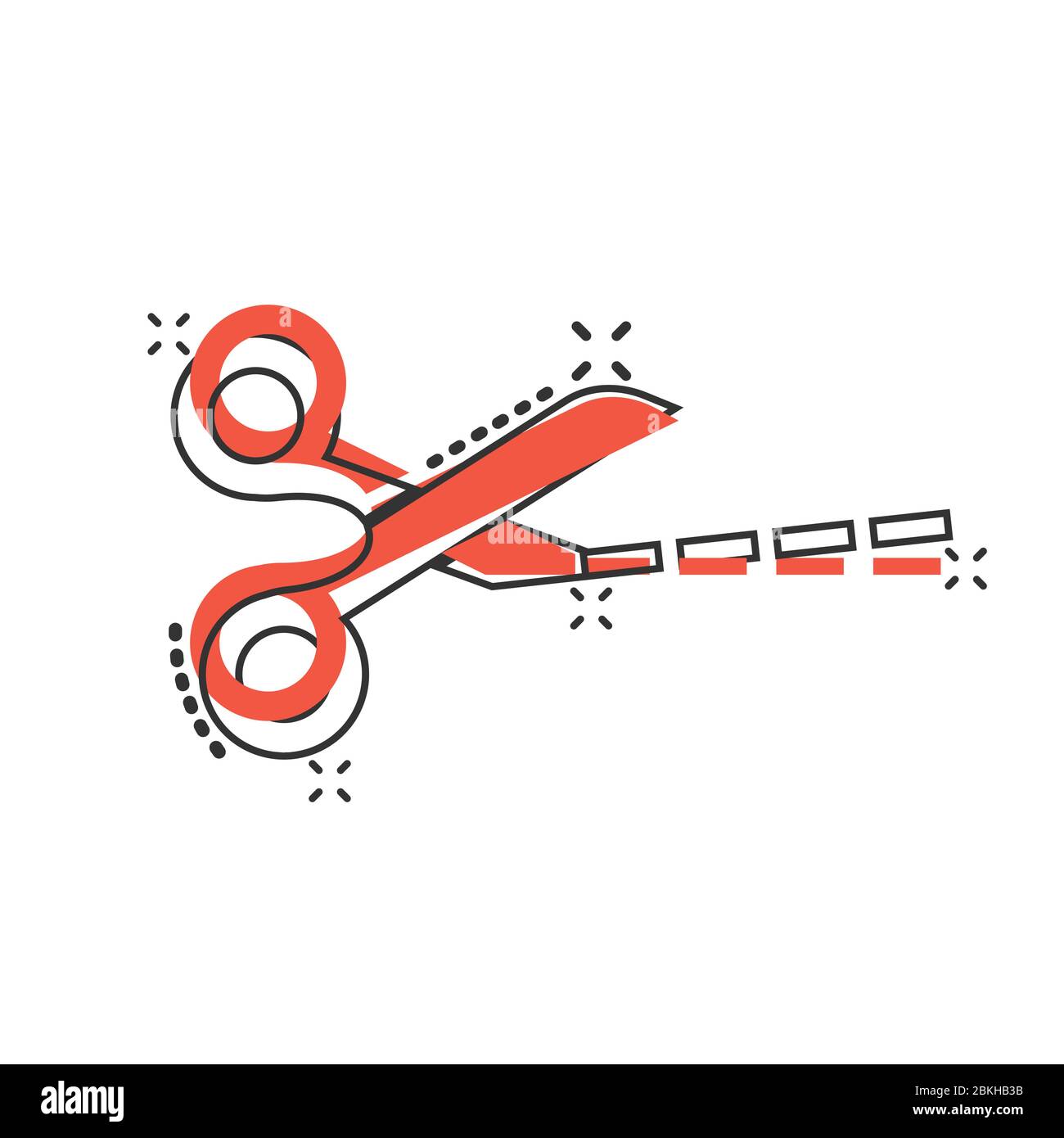 Scissor with cutting line icon in comic style. Cut equipment cartoon ...