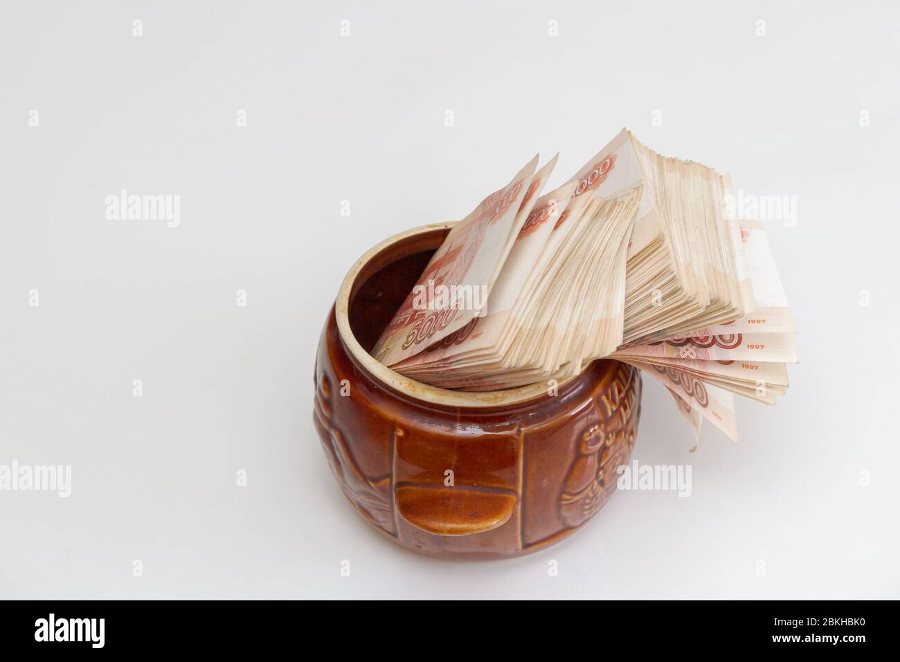 Russian banknotes of five thousand rubles in large quantities in a ...