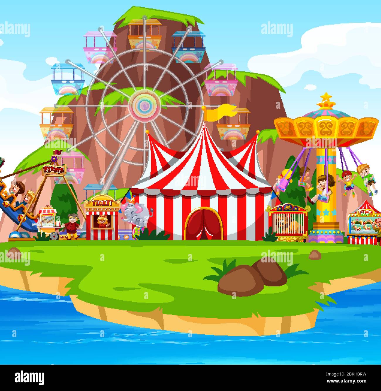 Themepark scene with many rides by the lake illustration Stock Vector ...