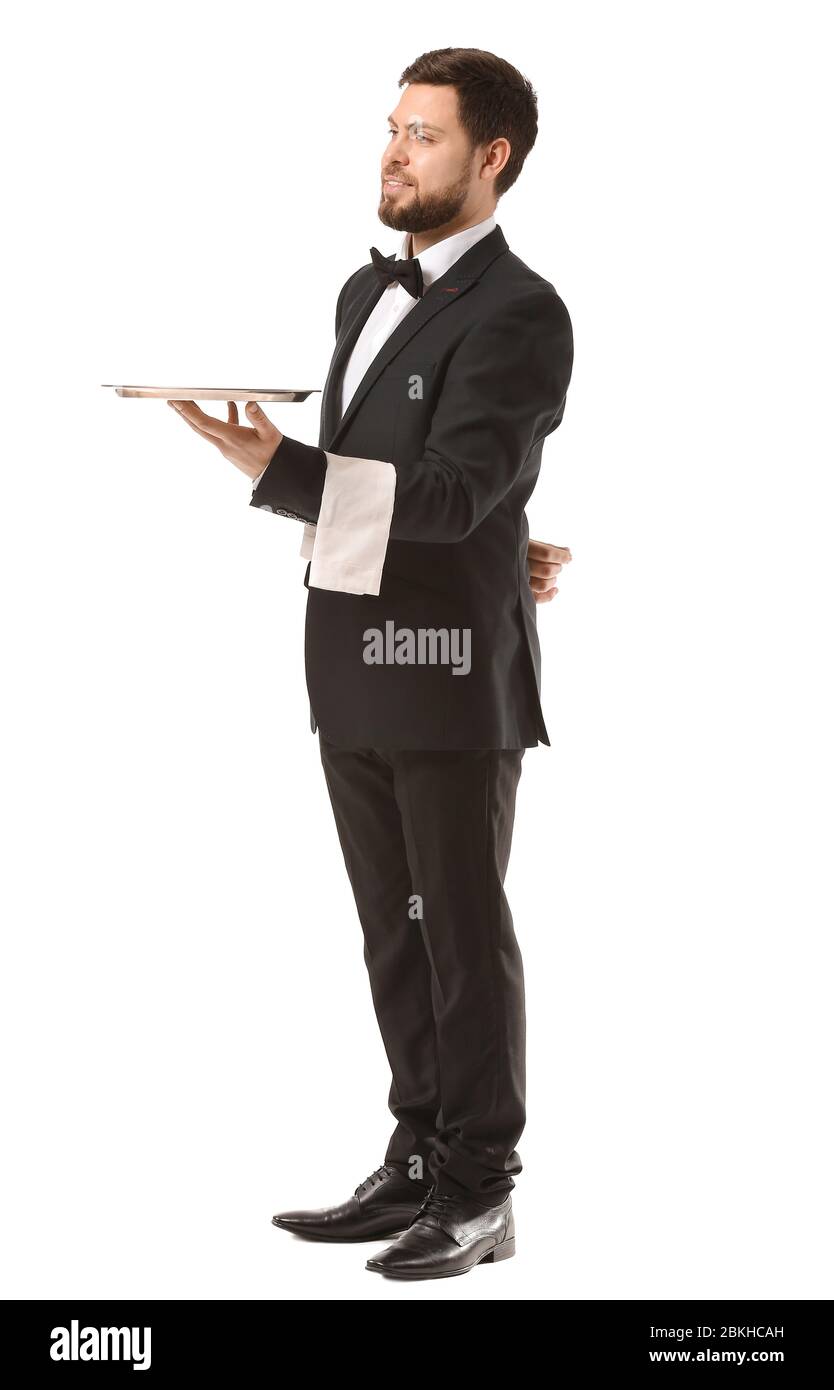 Handsome male waiter on white background Stock Photo - Alamy