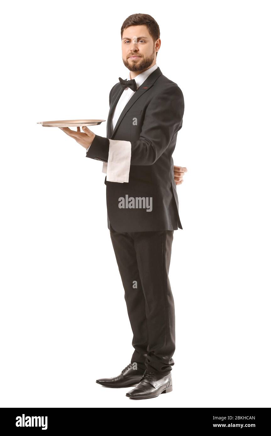 Handsome male waiter on white background Stock Photo - Alamy