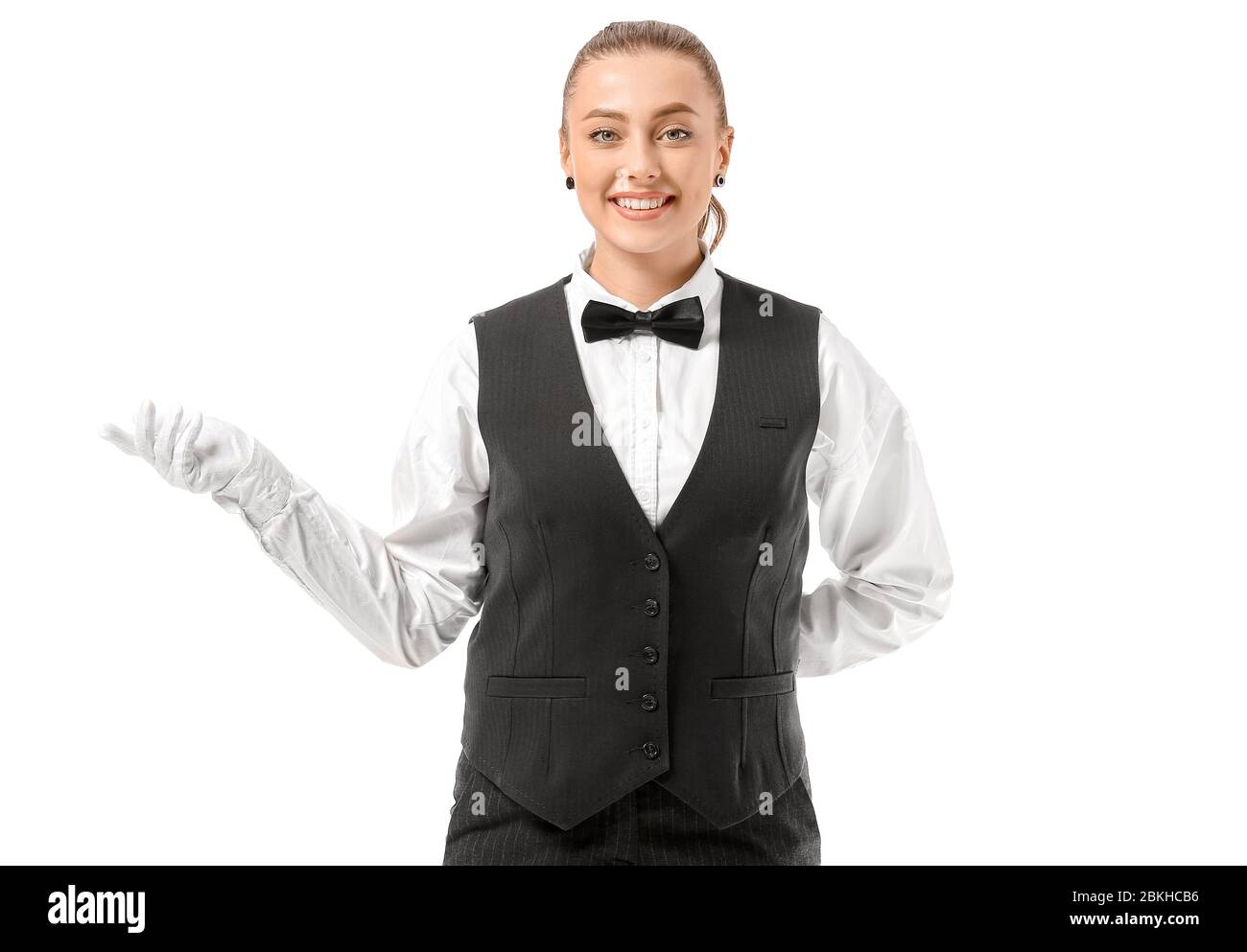 Beautiful female waiter on white background Stock Photo - Alamy