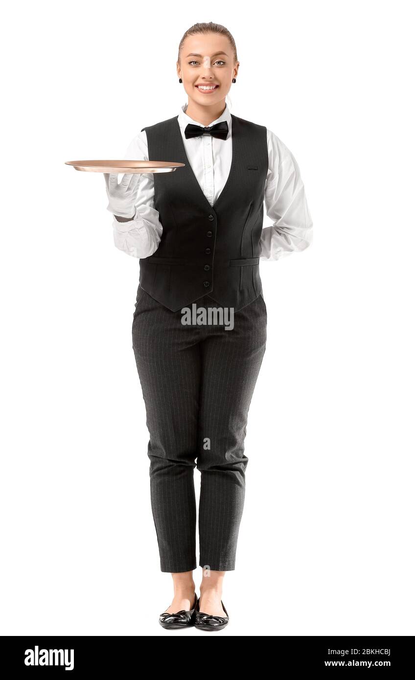 Beautiful female waiter on white background Stock Photo - Alamy