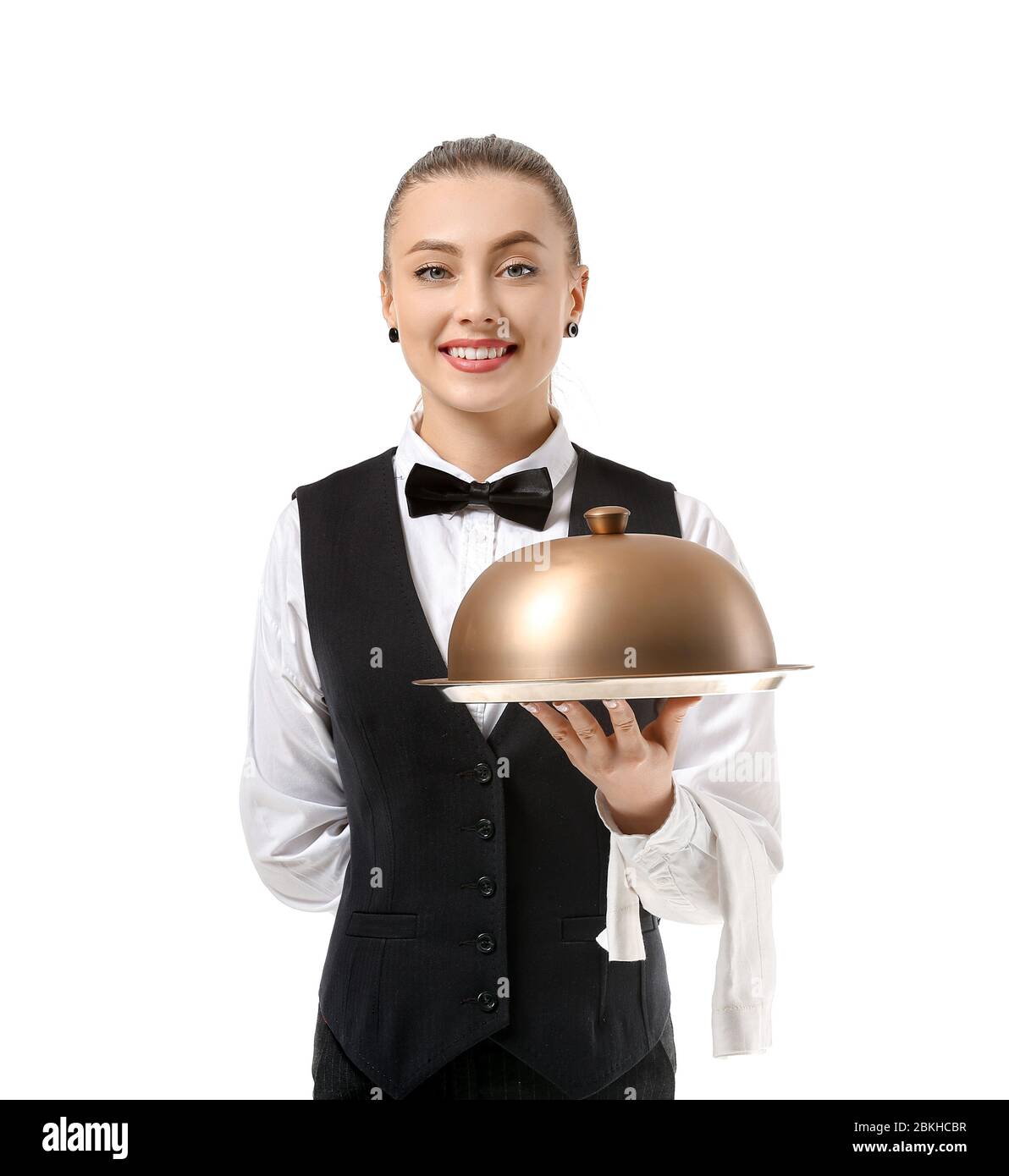 Beautiful female waiter with tray and cloche on white background Stock ...