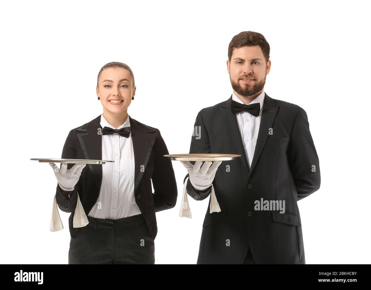 Male and female waiters on white background Stock Photo - Alamy