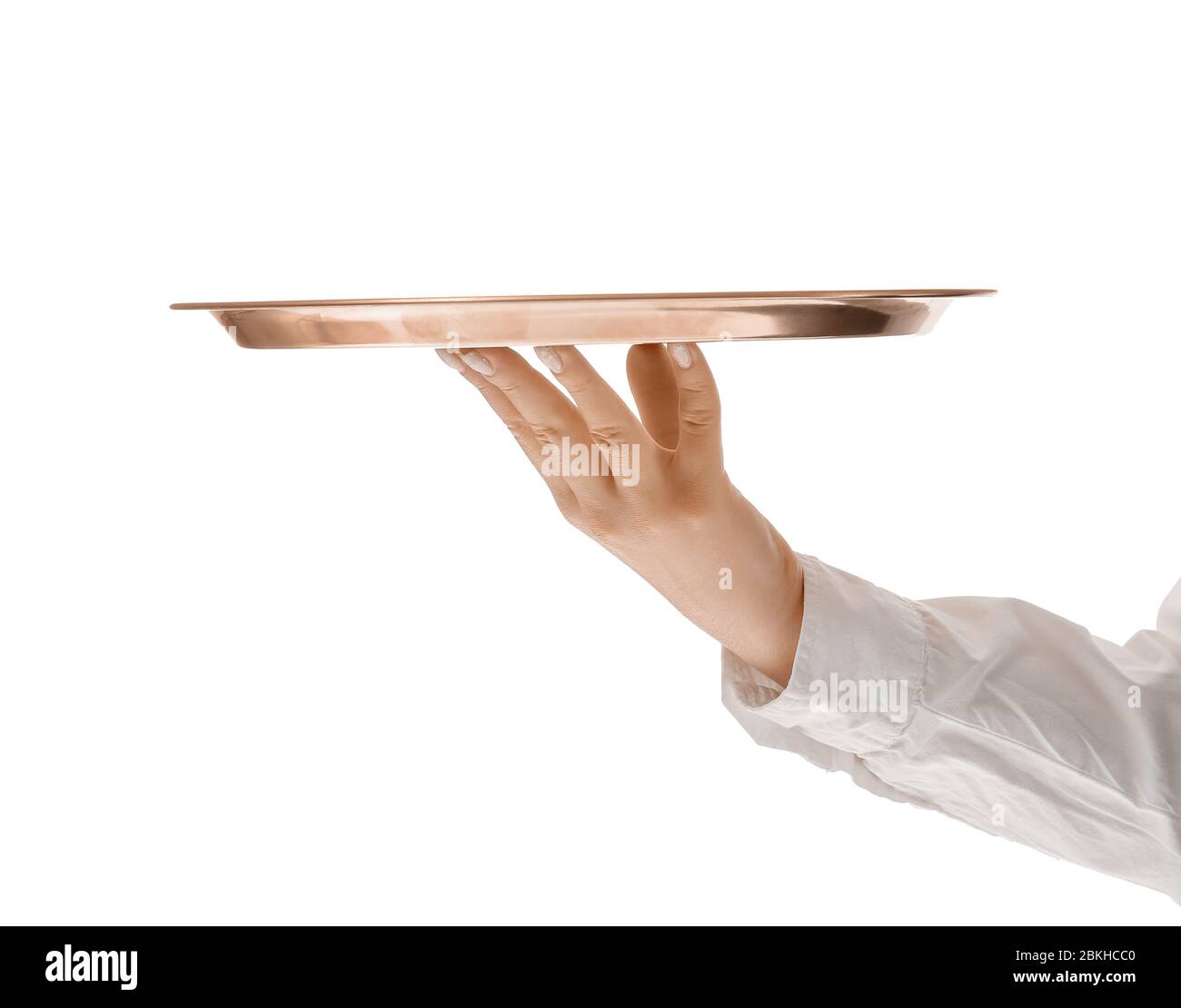 Hand of female waiter with empty tray on white background Stock Photo ...